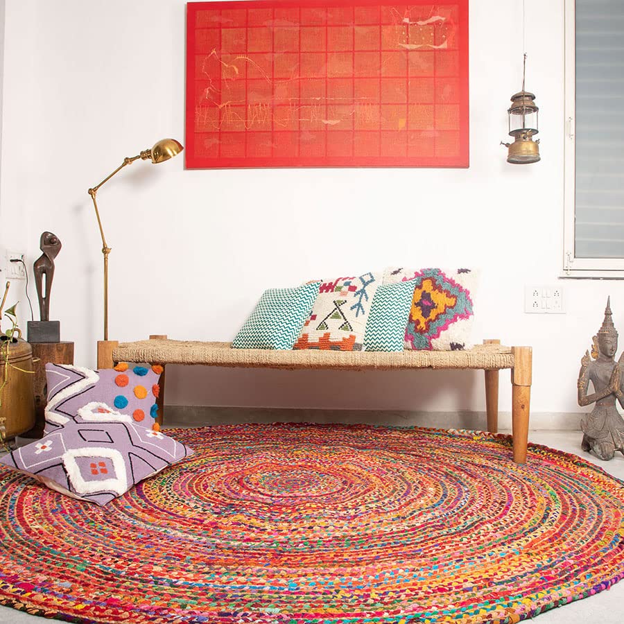 Eyes of India - 6 ft Round Colorful Natural Jute Chindi Sisal Woven Area Braided Rug Boho Chic Bohemian Accent Indian Handmade Handwoven