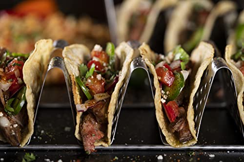 BLACKSTONE 5551 Deluxe Holder Stand Pack of 2 Stainless Steel Racks with Heat Resistant Handles-One Tray Holds 6 Tacos-Dishwasher Safe, Black/Silver