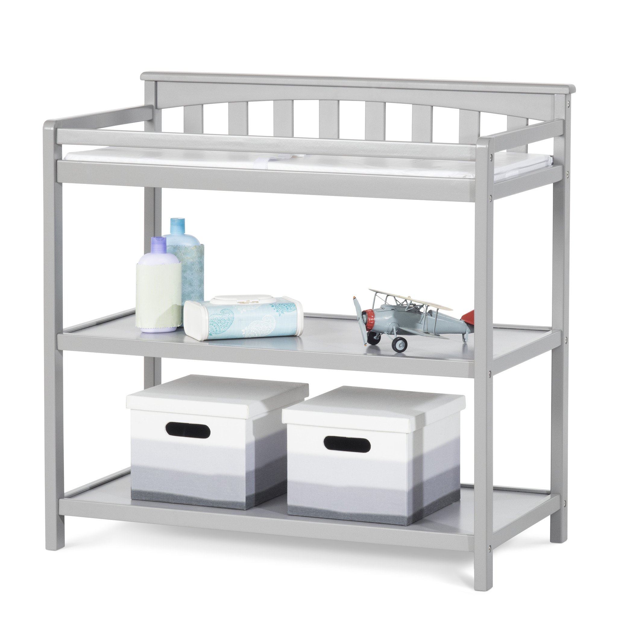 Child Craft Flat Top Infant Changing Table, Water-Resistant Pad and Safety Strap, Anti-Tip Kit Included to Prevent Tipping, Non-Toxic, Baby Safe Finish (Cool Gray)