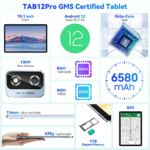 Blackview 2023 New Tab 12 Pro Android 12 Tablets 10" inch Tablet 14 (8+6 Expand) GB RAM + 128 GB ROM 1TB Expand Tablet PC, 1920 * 1200 FHD+IPS, Octa-core,2.4G/5G WiFi, Bluetooth 5.0 GPS Blue