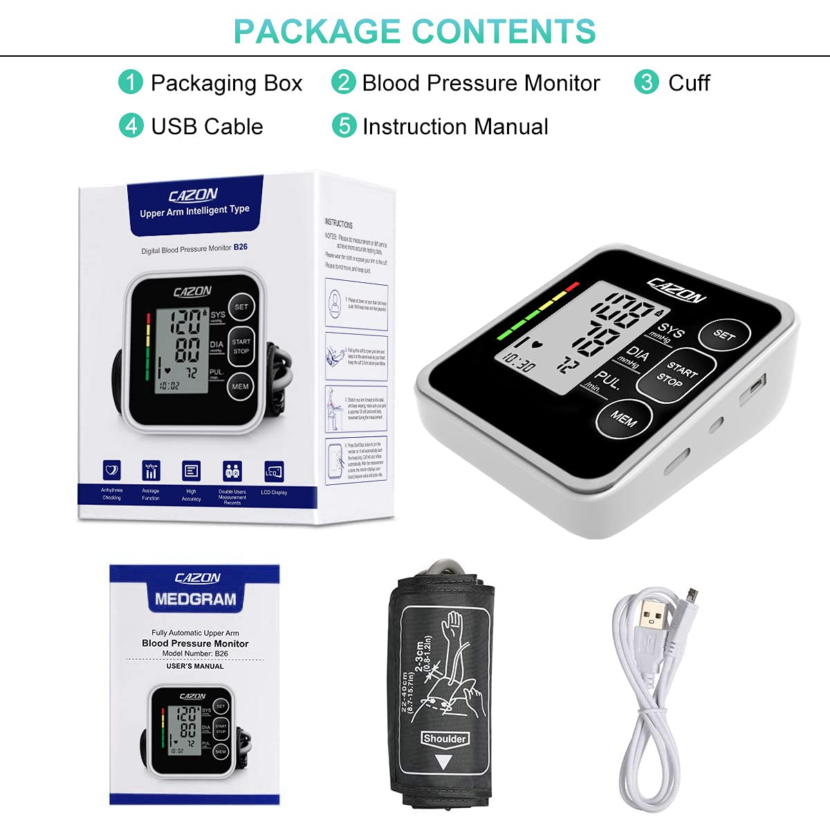 CAZON Blood Pressure Monitor Cuff Upper Arm Automatic BP Machine Digital Home Blood Pressure Monitoring Meter 2x100 Memory Hypertension Detector