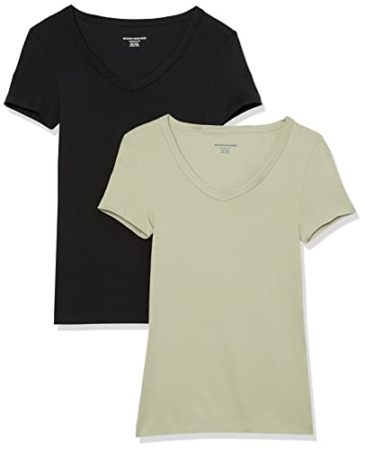 Amazon Essentials Women's Slim-Fit Short-Sleeve V-Neck T-Shirt, Pack of 2, Black/Sage Green, Medium