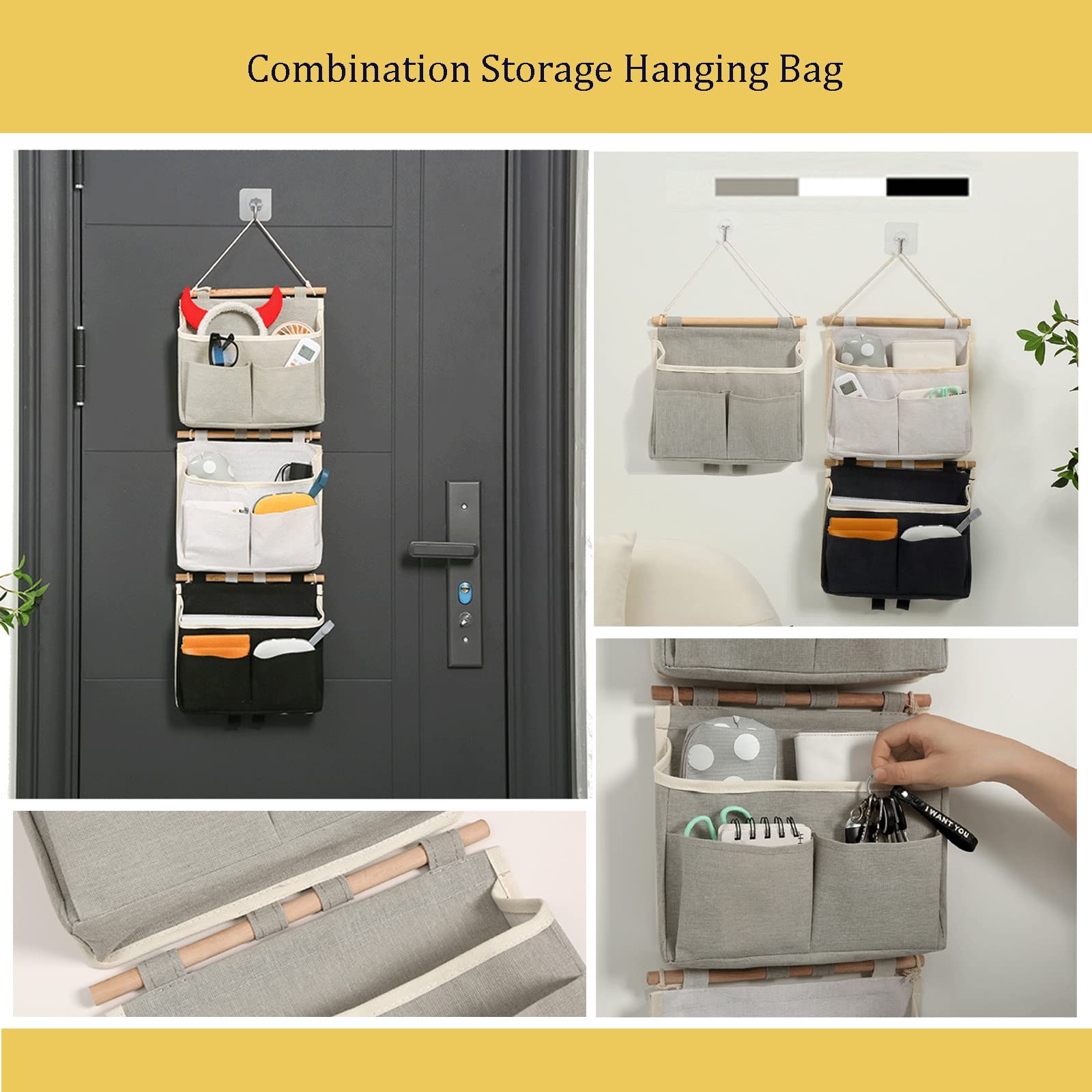 Someteth 2Pcs Wall Hanging Storage Caddy Bag,Over Door Hanging Storage Bags Wall Mount Hangable Organizer,File Magazine Waterproof Linen Cotton Fabric Living Room Bedroom Bathroom (Black)…