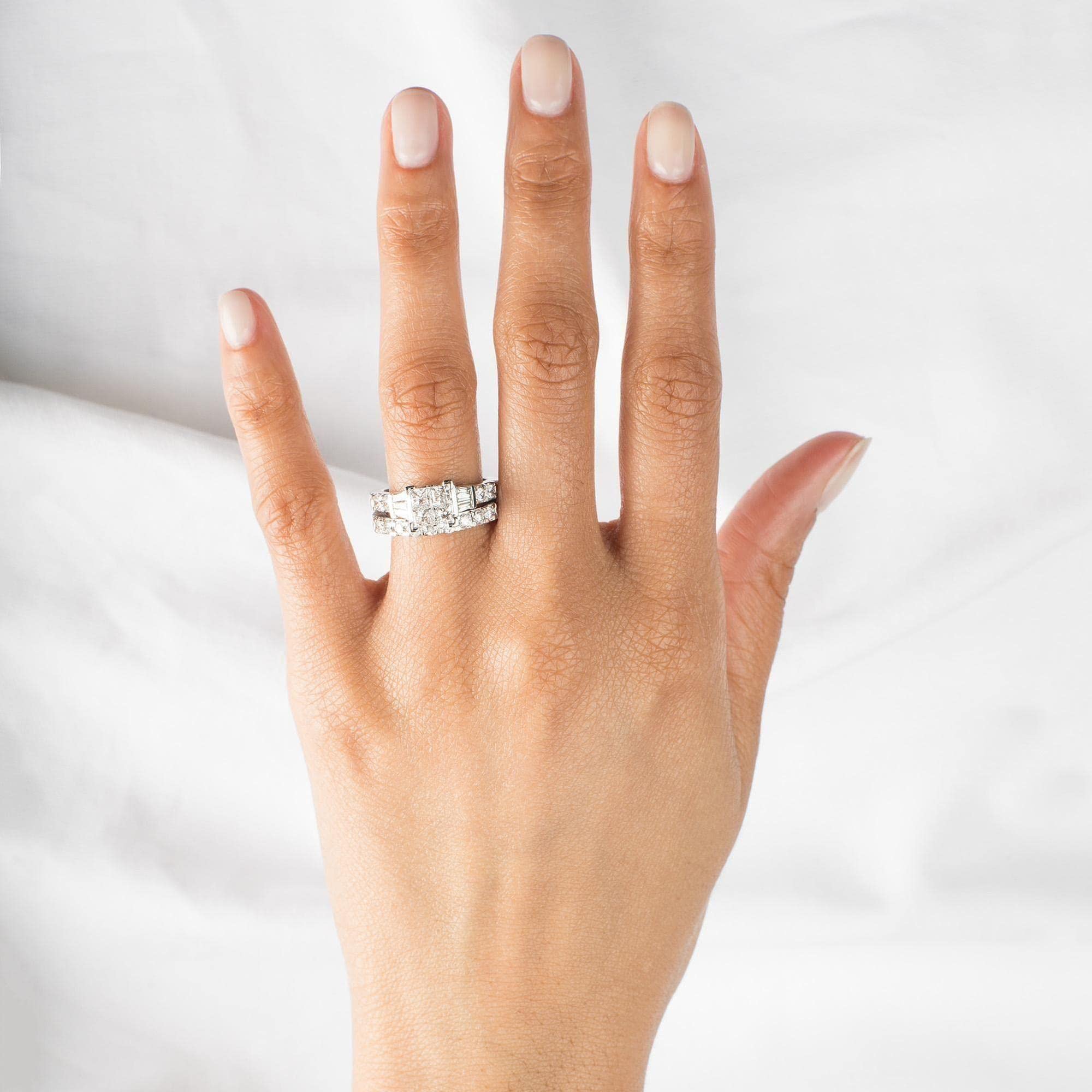 2ctw Princess Diamond Composite White Gold Engagement and Wedding Ring Bridal Set | Harmony Collection - Size 7