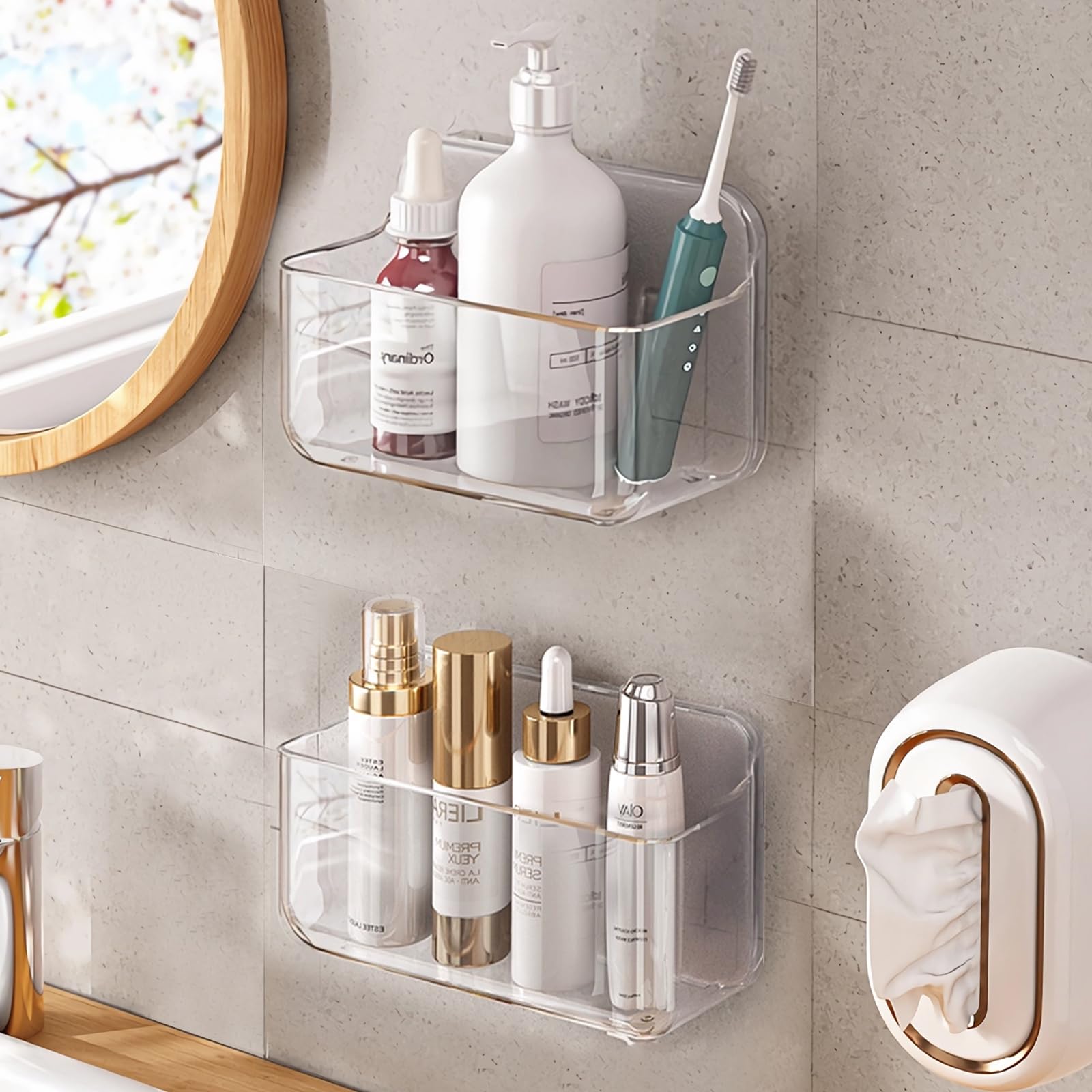 2pc Plastic Wall Mount Organizer, Adhesive Clear Cabinet Door Organizer,Acrylic Shelves for Wall,No Drilling Hang Walls,with Self Adhesive Tape, for Bathroom, Kitchen, Living Room