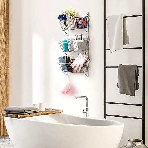 EZOWare 3 Tier Over the Door Rack / Wall Mount Storage Organizer Baskets, Hanging Shelves Set for Kitchen Bathroom Closet
