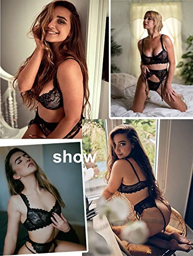 Avidlove Womens Sexy Lingerie Set with Garter Belt 3 Piece Sexy Lace Push Up Lingerie with Underwire Black L