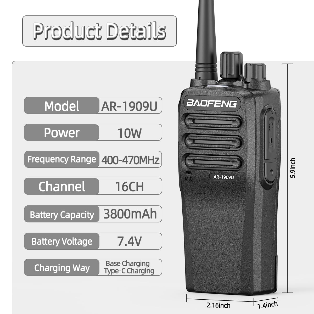 2Pack Baofeng AR-1909U Powerful Walkie Talkie Long Distance Ham Radio Handheld Portable Two Way Radio with AR-771 Antenna Type-C Charging Cable