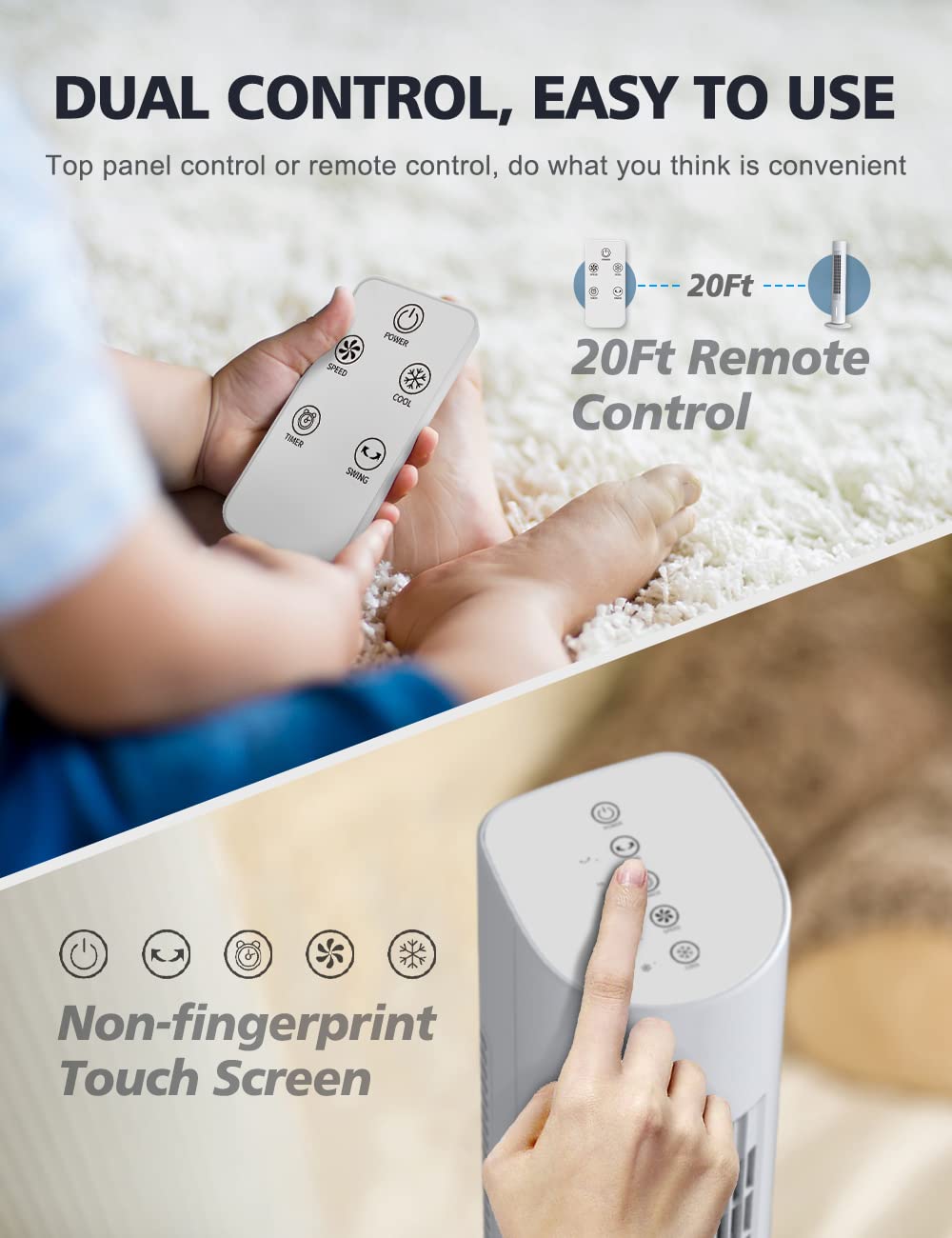 3-In-1 Evaporative Air Cooler,1S Cooling Tower Fan w/Remote Control & 65dB, Portable Air Cooler w/Cooling Mode, Evaporative Cooler w/60° Oscillation, Personal Cooling Fan for Home Office, 4 Ice Packs