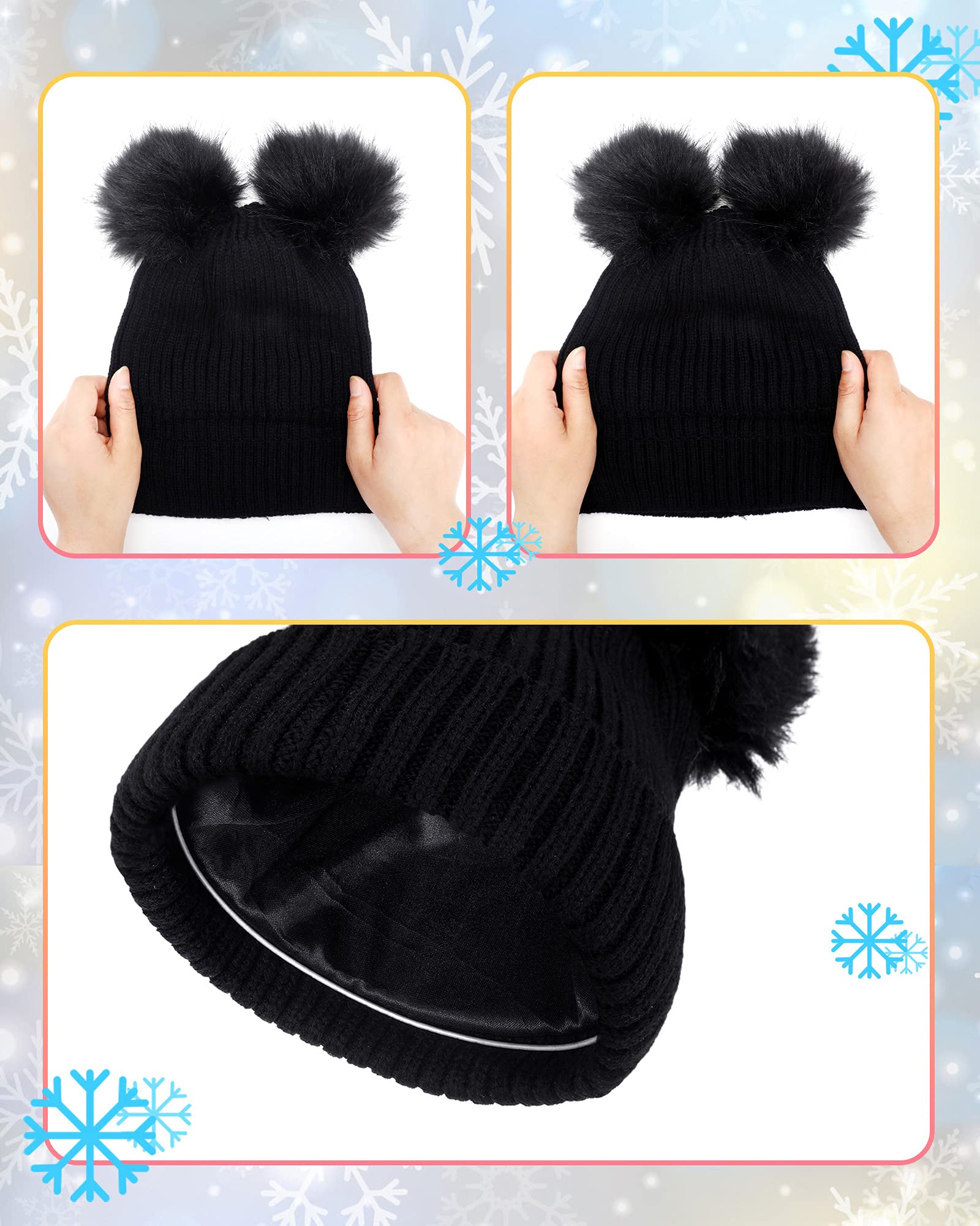 2 Pieces Satin Lined Winter Hats Women Pom Beanies Winter Knitted Pom Hat Touchscreen Gloves Set for Women Girls
