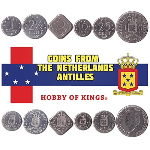 6 Coins from Netherlands Antilles | Netherlands Antillean Coin Set Collection 1 2½ 5 10 25 Cents 1 Gulden | Circulated 1980-1985 | Beatrix