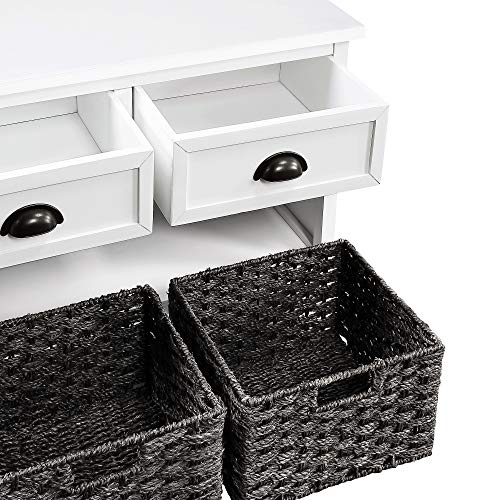 Knocbel Entry Wicker Storage Bench Wood Entryway Hallway Bedroom Bench Cabinet with 3 Drawers and 3 Woven Baskets, Fully Assembled, 19.5" H x 41.9" L x 15.2" W (White)