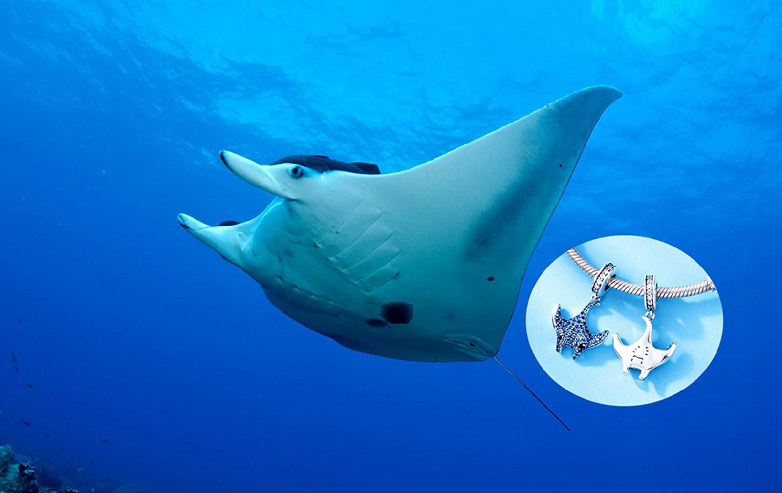 3D Devil Manta Ray Fish Charms, Charm fits Pandora Ocean Animal Bracelet, 925 Sterling Silver Sparkling Pave Blue CZ Pendant Beads, Gift for Hawaii Vacation/Christmas/Birthday