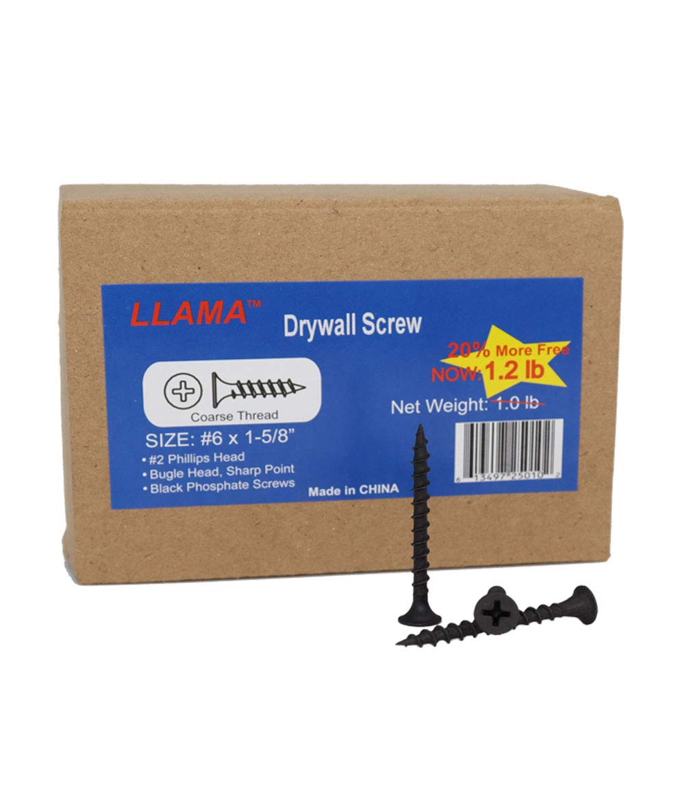 LLAMA Fastener Drywall Screws #6x1-5/8” - Coarse Threaded Black Phosphate Screws, Pay 1.0LB Now GET 1.2LB