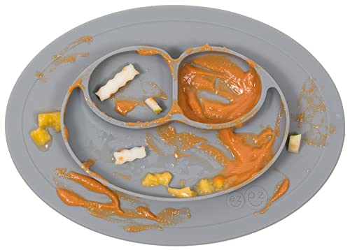 ezpz Mini Mat - 100% Silicone Suction Plate with Built-in Placemat for Infants + Toddlers - First Foods + Self-Feeding - Comes with a Reusable Travel Bag (Gray)