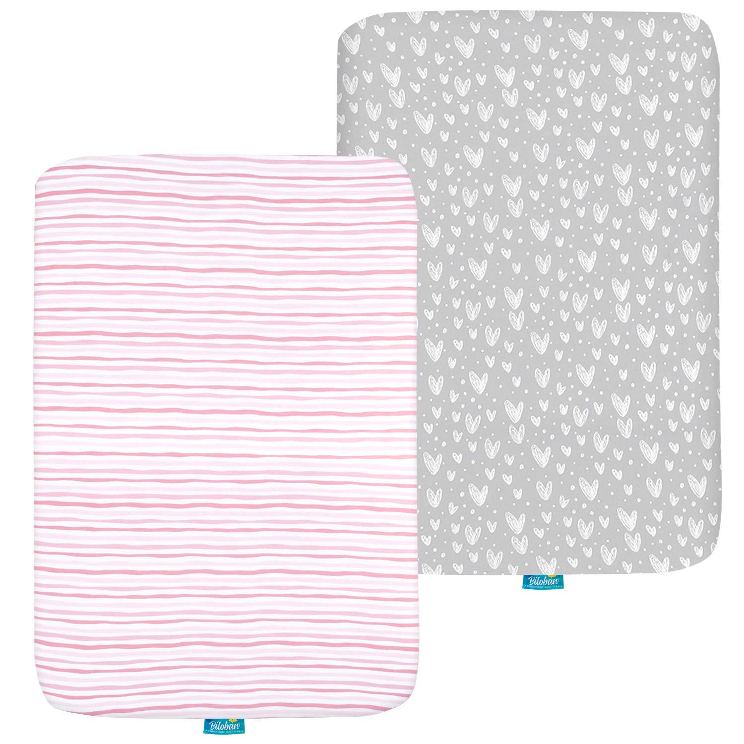 Pack n Play Fitted Sheet, Soft Jersey Cotton Portable Playard Sheets, 2 Pack Mini Crib Sheets, Unisex, Preshrunk,Grey and Pink
