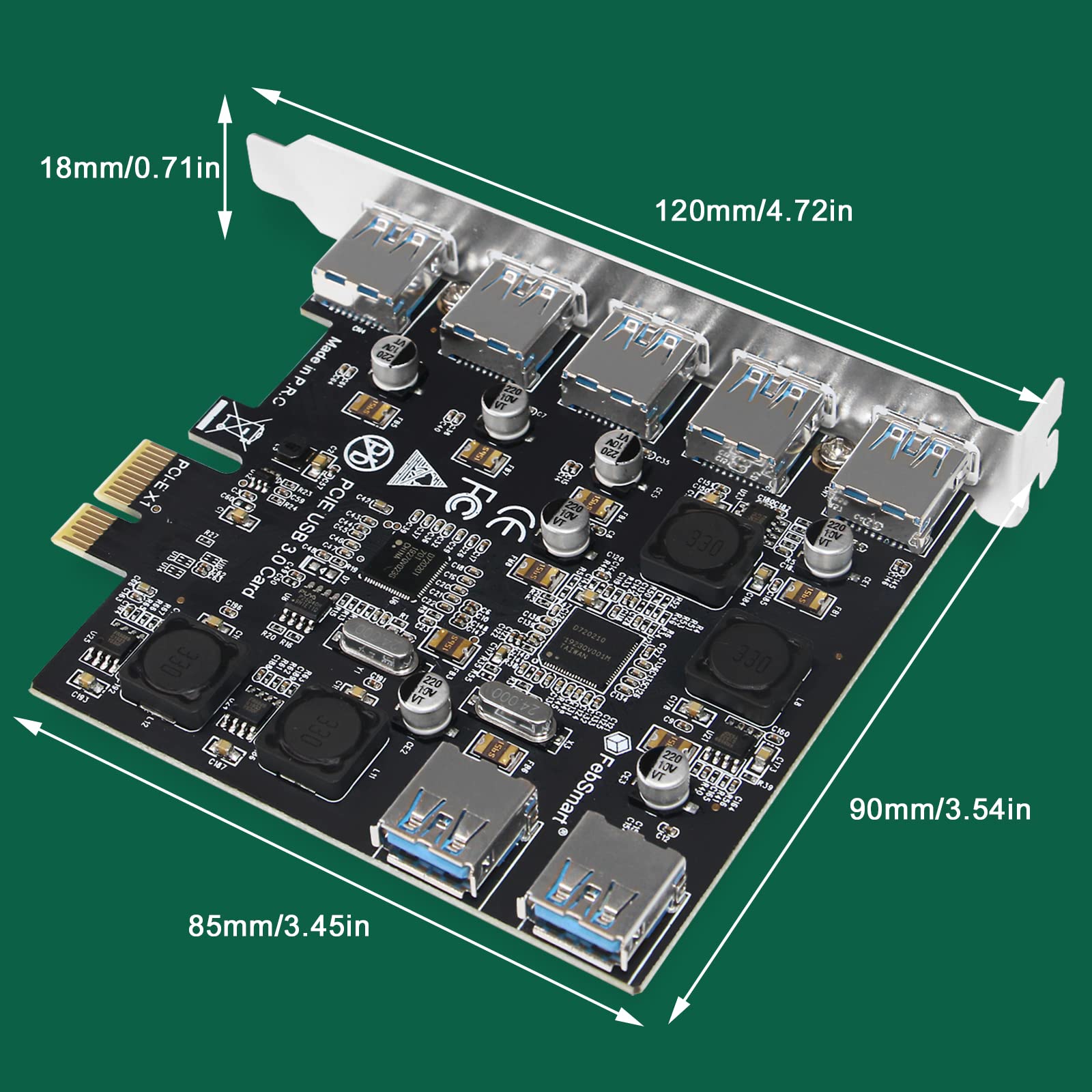 FebSmart 7-Ports Superspeed 5Gbps PCIE USB 3.0 Expansion Card for Windows 11, 10, 8.x, 7, Vista, XP Desktop PCs, Built in FebSmart Self-Powered Technology, No Need Additional Power Supply (FS-U7-Pro)