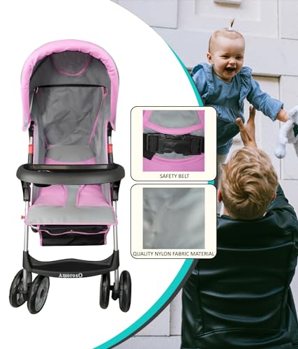 AmorosO Single Stroller - Baby Stroller with Four Wheels - Lightweight Stroller - Convertible Stroller with Extra Storage Space - Foldable Stroller with Sun Protection Hood Cover (Pink/Grey)