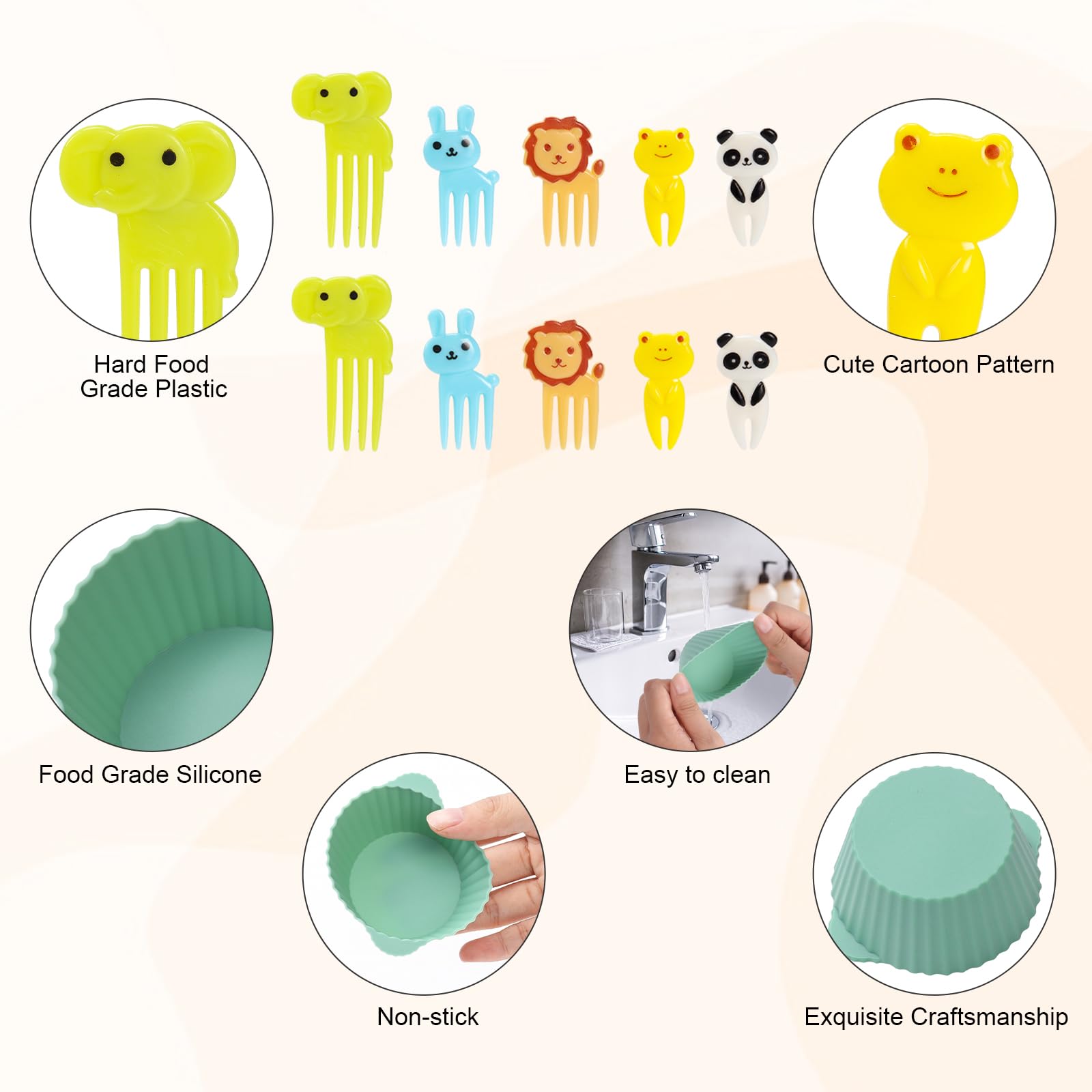24Pcs Silicone Lunch Box Dividers Bento Box Accessories Silicone Cupcake Liners, Reusable Round Baking Cups Silicone Muffin Liners with 10pcs Food Picks and 24pcs Spoon