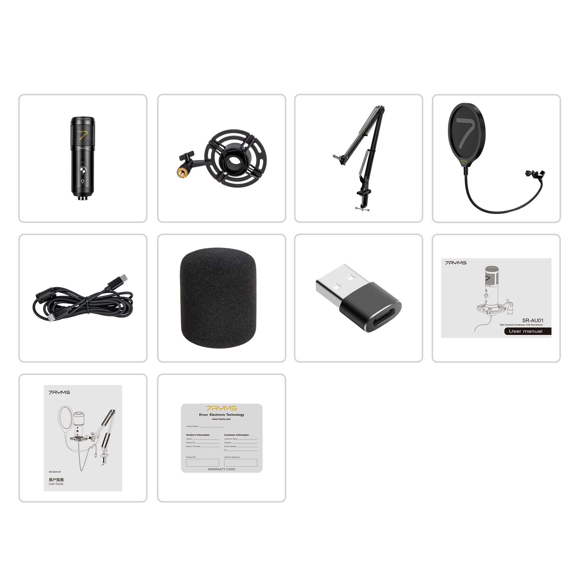 7RYMS SR-AU01-K1 Podcast Microphone Kit with Arm Stand, USB Condenser Microphone for Computer PC Smartphone, Suitable for Gaming Singing Podcasting Recording Live-Streaming