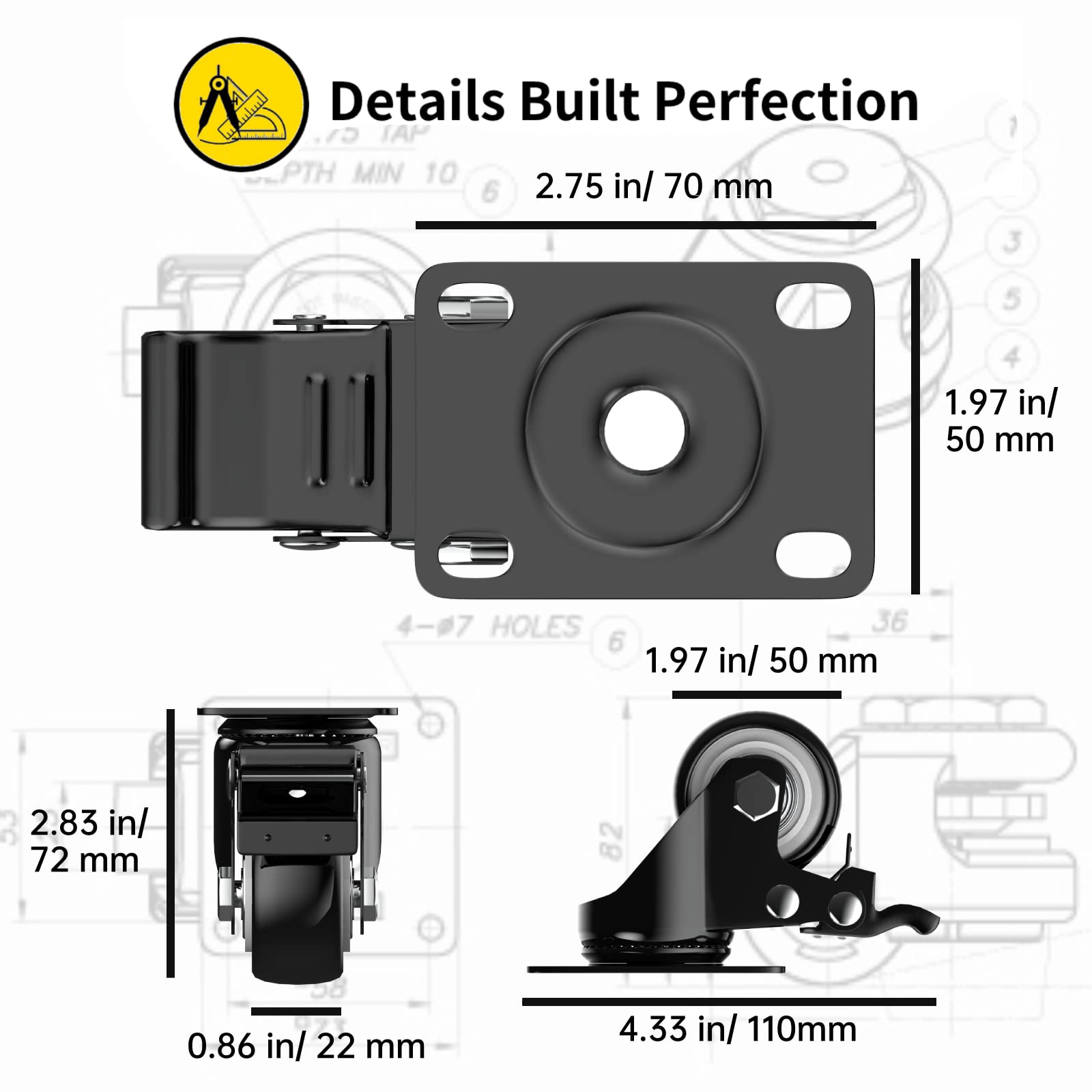 2 Inch Swivel Casters, 2" Heavy Duty Plate Caster with 600 lbs Load, Dual Locking with 360 Degree Rotation, No Noise Locking Casters Set of 4 with Screws and a Screwdriver