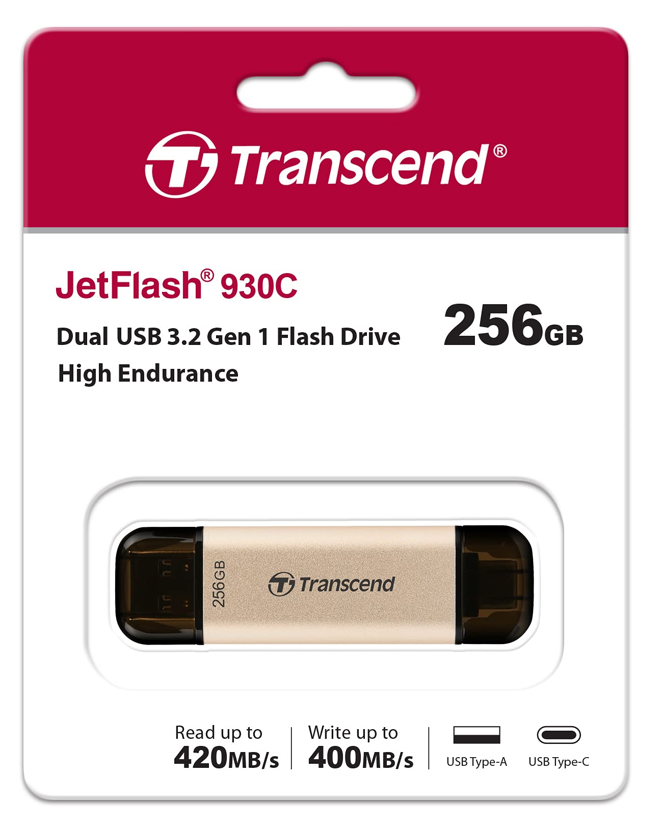 Transcend 256GB JetFlash 930C USB 3.2 Gen 1 Flash Drive TS256GJF930C, Golden hue