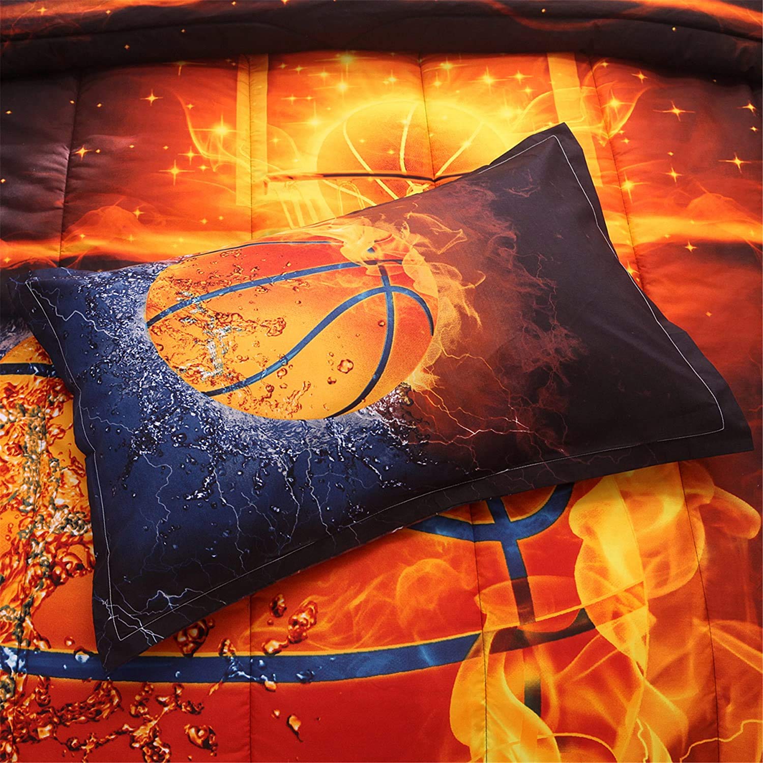 A Nice Night Basketball Print,with Fire and Ice Pattern,Comforter Quilt Set Bedding Sets, for Boys Kids Teen (Basketball, Twin)