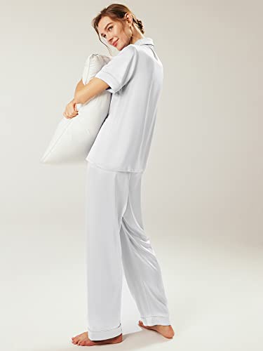 AW BRIDAL Womens Summer Pajamas Set Short Sleeve Silk Pajamas Button Up Pjs Bride Bridesmaid Pajama Set Gift, White M