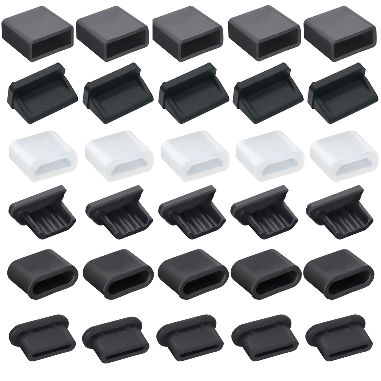 30 PCS 6 Types USB Anti Dust Cover Plugs, USB Type-C Dust Stopper, Silicone Soft Micro USB Cap Port Protector, Anti Dust Cover Protector Plugs Cap for USB A, Micro USB, Type C Ports (30PCS)
