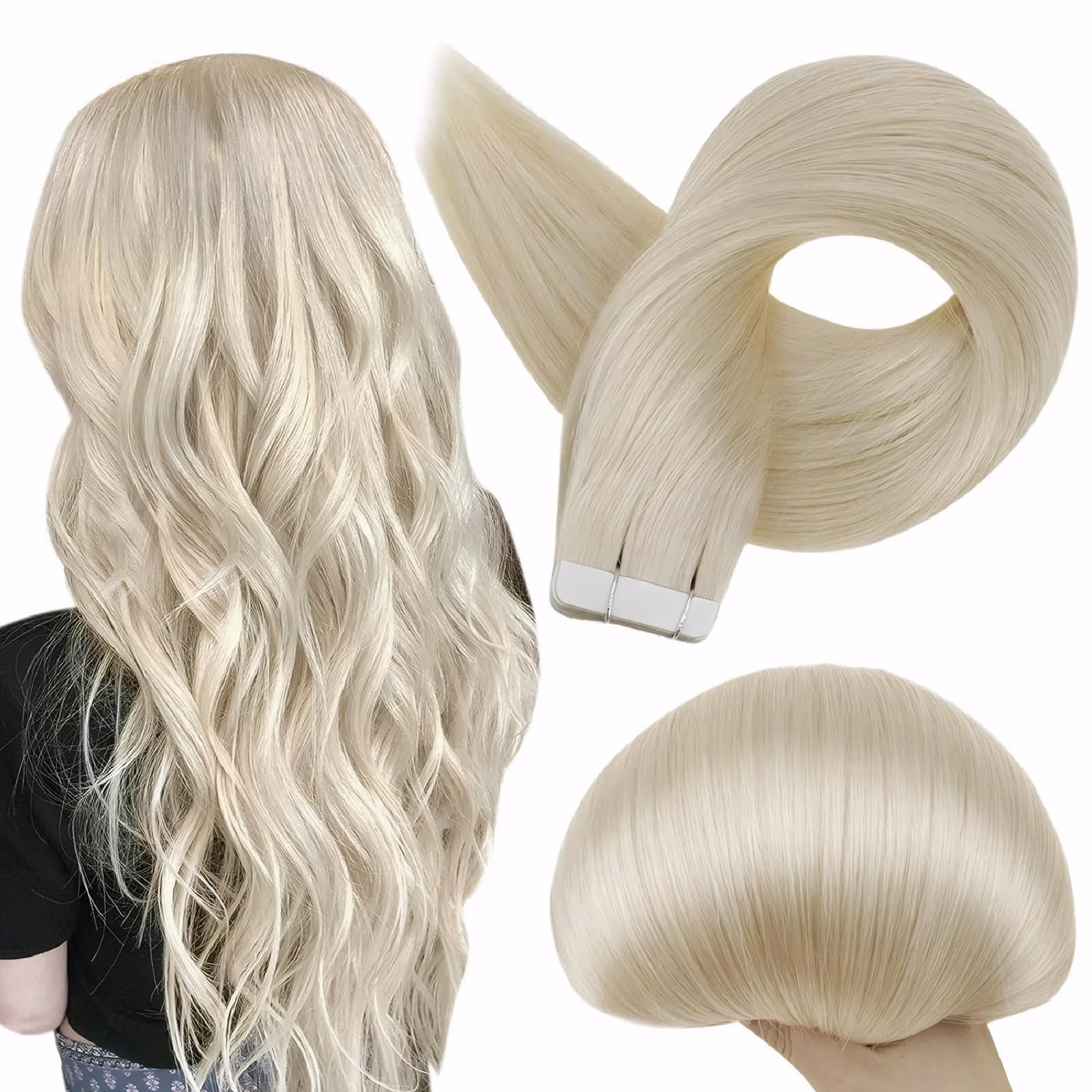 Full Shine Tape in Hair Extensions 10Inch Invisible Tape in Real Human Hair Extensions Solid Color 60 Platinum Blonde Straight Pu Tape Hair 30G Seamless Tape on Brazilian Human Hair 20Pcs Natural Hair