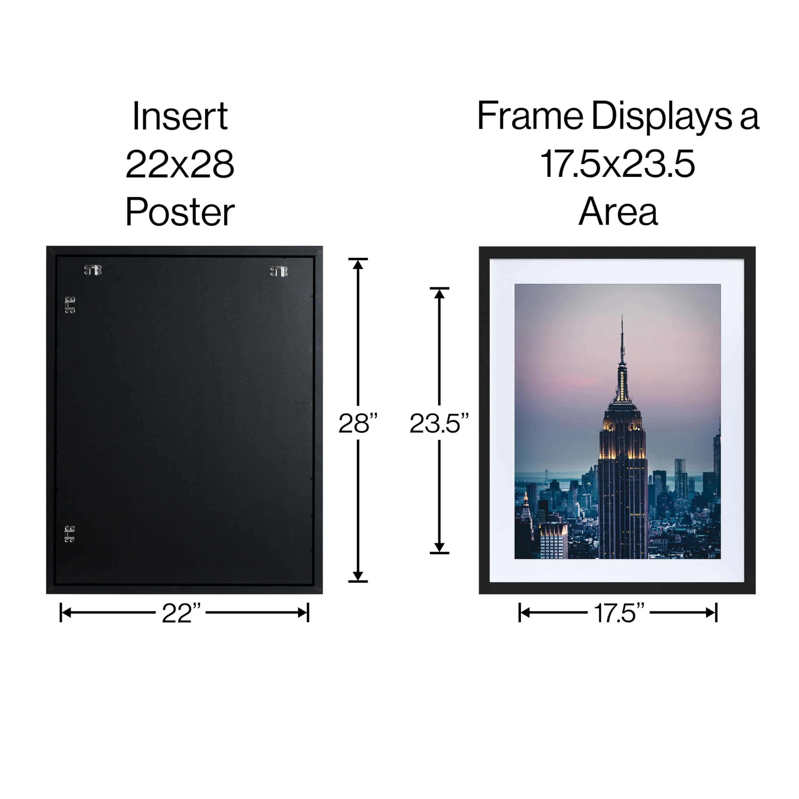 Frame Amo 22x28 Black Solid Wood Picture Frame with 17.5x23.5 White Mat Opening for 18x24 Image, 1 Inch Border, Acrylic Face