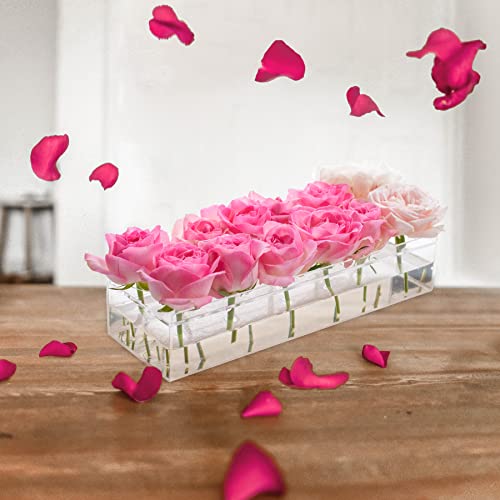 2Pcs Acrylic Flower Vase Rectangular Clear Acrylic Modern Vases- Total 24 Inches Long Rectangular Floral Centerpiece Low Decoration Vase for Dining Table Halloween Party Decor Wedding(24Holes)