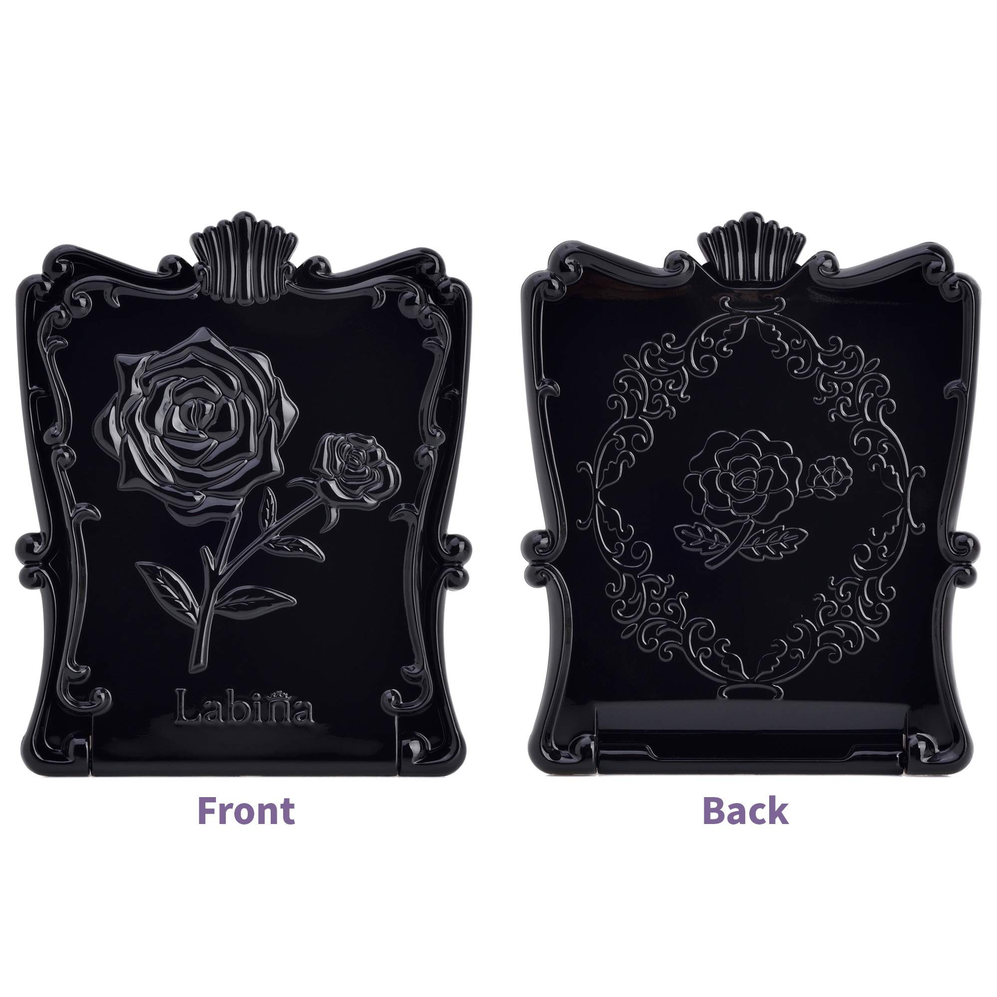 Travel Pocket Makeup Compact Handheld Mirror with Stand, Small Black Rose