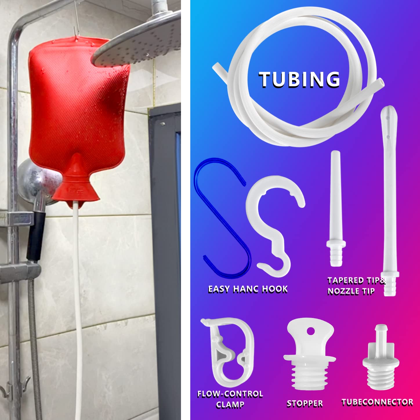 2 L Home Enema Bag Kit with 2 Enema Tips,60 inch Long Silicone Hose, Controlable Water Flow Valve, Hot-Water Bottle for Colon Cleansing Enemas(Red)