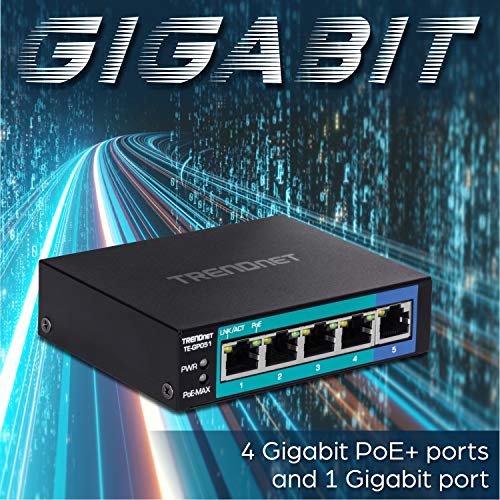 TRENDnet 5-Port Unmanaged Gigabit PoE+ Switch, 4 x Gigabit PoE+, 1 x Gigabit Port, 10Gbps Switching Capacity, 35W PoE Power Budget, Metal Network Ethernet Switch, Fanless, Black, TE-GP051