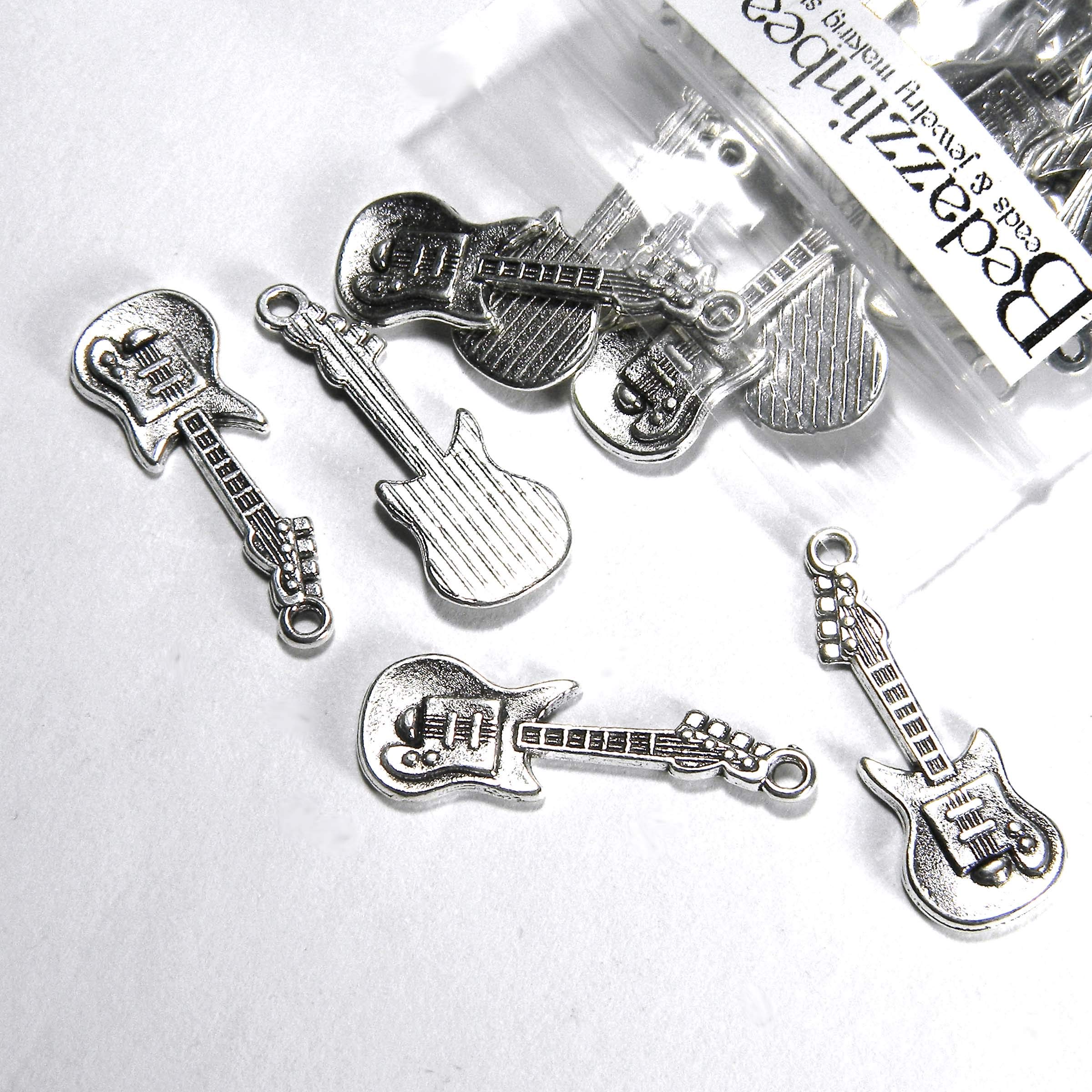 30 Electric Stringed Guitar Music Instrument Charms Plated Over a Pewter Base Metal (Antique Silver)