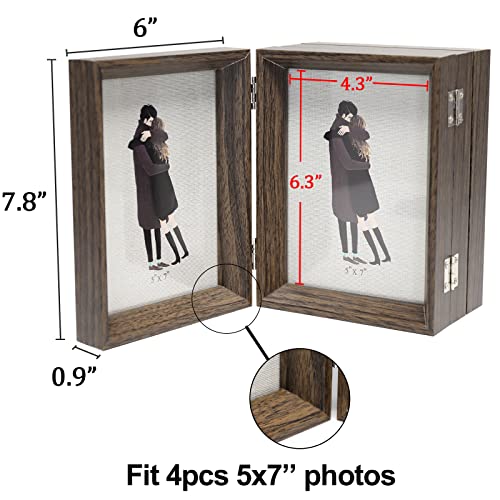 5x7 Hinged Picture Frames Beveled Wood Brown with Real Glass 4 Vertical Opening Family Lover Gift