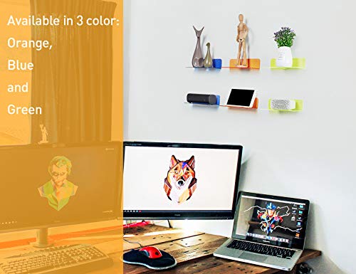 OAPRIRE Small Acrylic Floating Wall Shelves Set of 2, Flexible Use of Wall Space, 9 Inch Adhesive Display Shelf for Security Cameras/Smart Speaker/Action Figures, with Cable Clips - Clear Orange