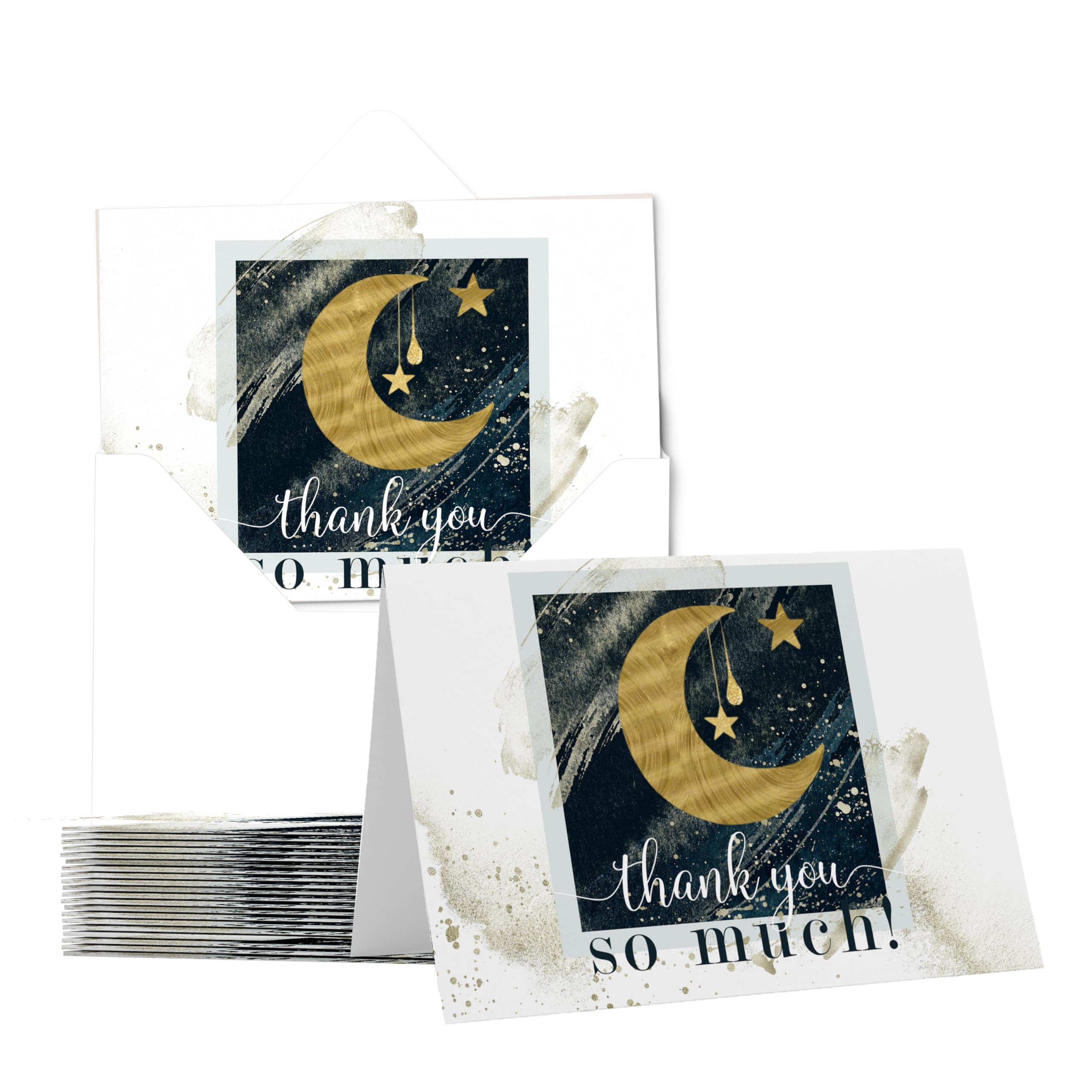 Paper Clever Party Star and Moon Thank You Cards with Envelopes - 25 Pack - Cosmic Design for All Occasions: Showers, Weddings, Graduations & Everyday Essentials - Folded Navy and Gold Set