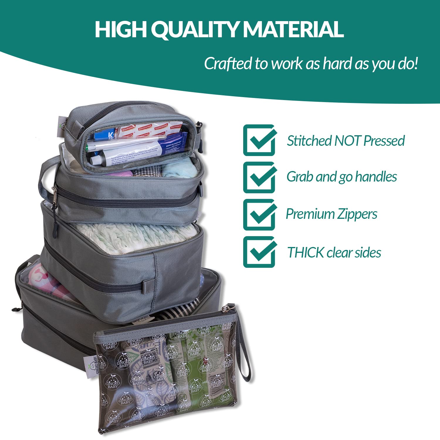 Gingko Baby Supa Tough Diaper Bag Organizing Pouches Set of 5 - Premium Quality Clear Organizer Inserts - Versatile Wipe Clean Baby Packing Cubes - Nursery and Travel Organization (Silver Grey)