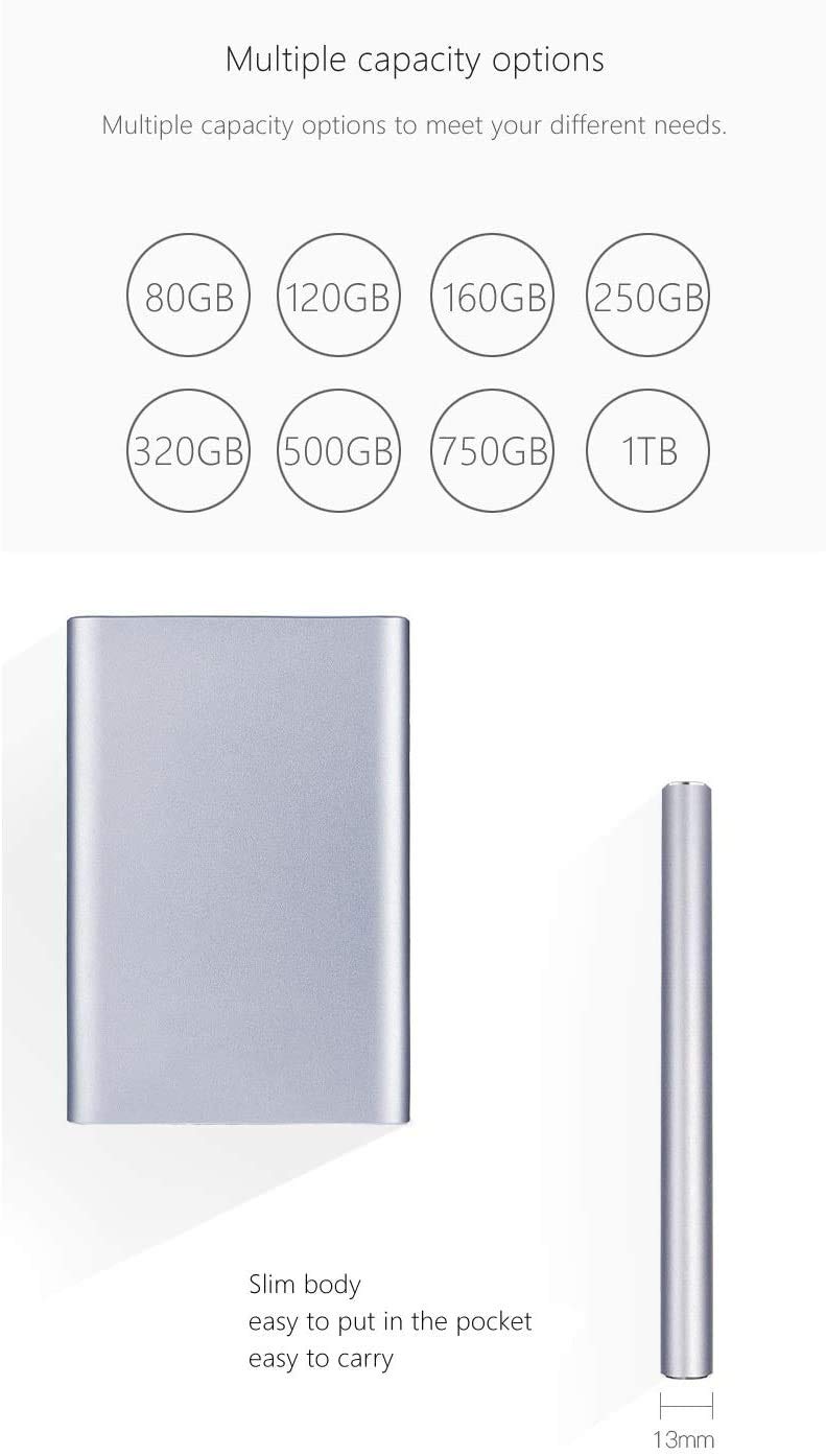 RENJUN HDD External Hard Drive 750gb / 500gb / 320gb, 2.5-inch Metal Portable USB 3.0 Backup Storage, Suitable for Desktop, Pc, Laptop, MacBook, Ps4, Xbox One, Smart Tv (250GB,Sliver)