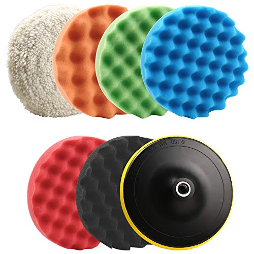 OTUAYAUTO 7 inch Buffing Polishing Pad - 5pcs Waffle Foam, 1pc Wool Polishing Pad and a M14 Threaded Polisher Grip Backing Plate