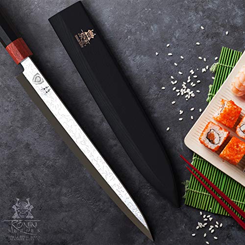 Dalstrong Ronin Series Japanese AUS-10V Damascus Steel Yanagiba Sushi Kitchen Knife with Red & Black G10 Handle, 10.5 Inches, Sheath Included