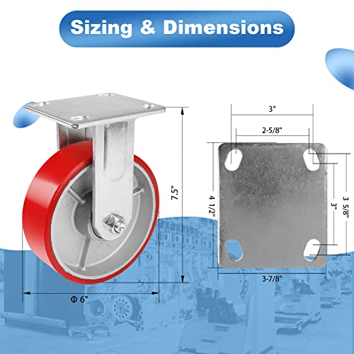 6 Inch Industrial Fix Casters Heavy Duty No Noise Polyurethane Wheel on Steel Hub, 1200 Lbs Load Capacity Per Rigid Casters for Utility Cart, Dollies (2 Pack)
