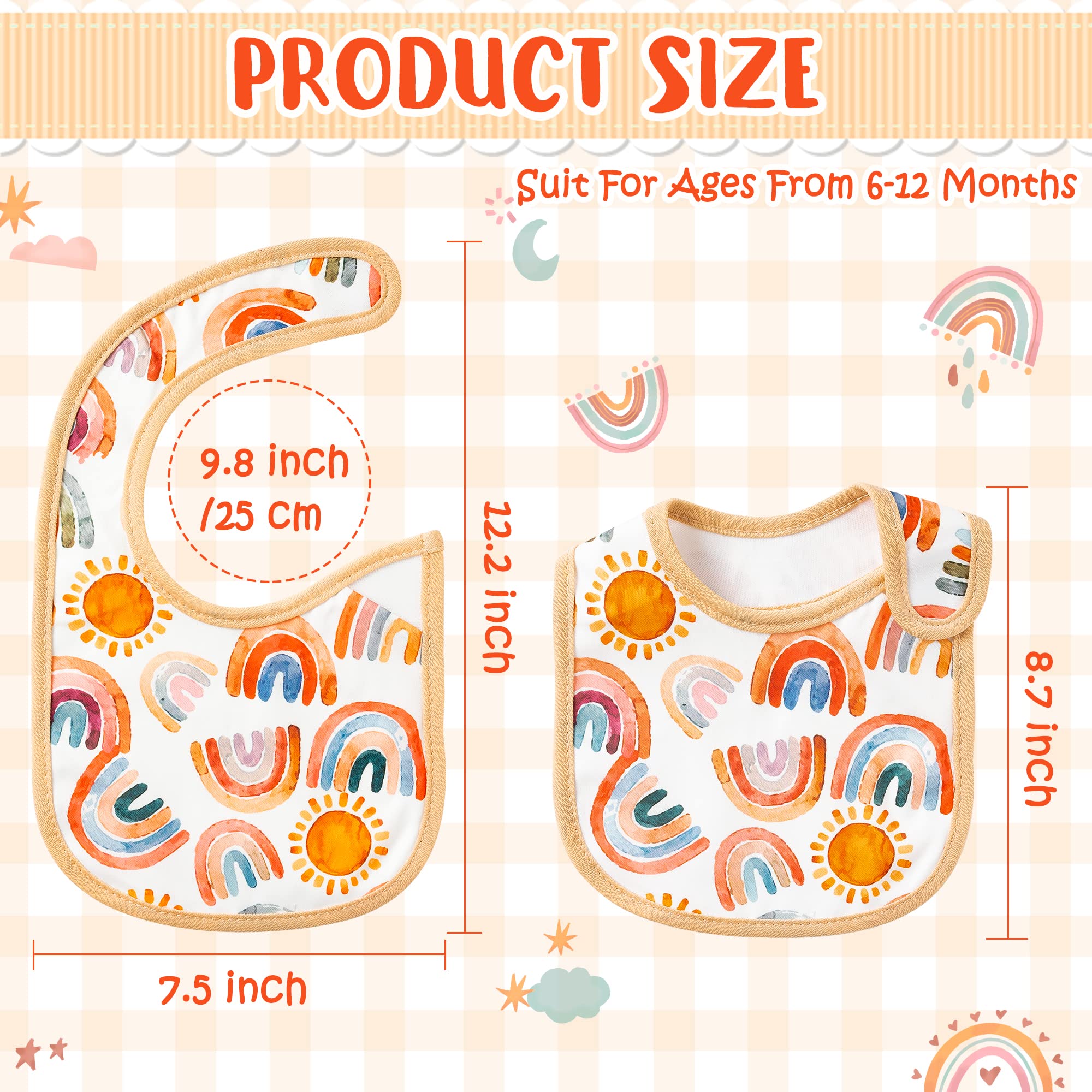2ooya 7Pcs Cotton Waterproof Baby Bibs Adjustable Hook Loop Closure Baby Bib with Rainbow Pattern Unisex Newborn Baby Food Bib for Drooling Feeding Eating Teething Keepsake Gift for Baby, 6-12 Months