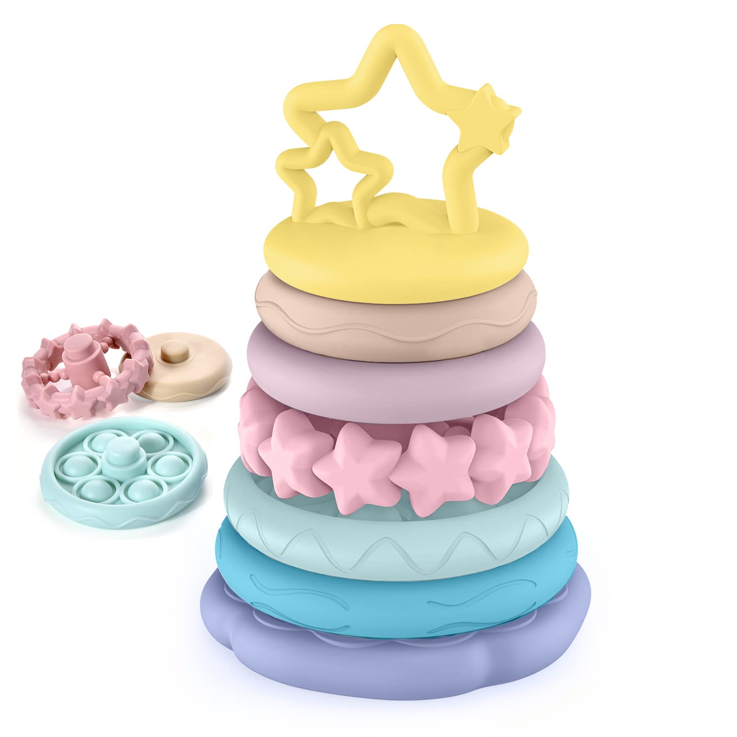 Cerberus 7 Pcs Stacking Toys Baby Blocks, Toddler Montessori Sensory Soft Rings Stacker, Development Teething Infant Toy, Learning Educational Gifts for 6 9 12 18 Months One 1 Year Old Boys Girls
