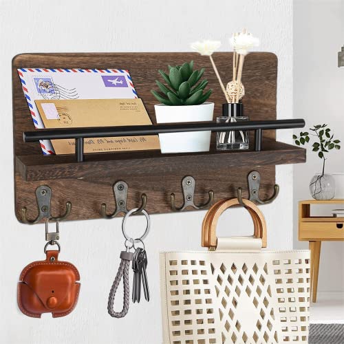 AIVIIN Key Holder for Wall Mail Organizer Wall Mount with 4 Double Key Hooks, Mail Holder Wall Mount with Shelf, Rustic Home Decor for Entryway Mudroom Hallway Office (13.78β X 11.02β X 3.15β) (Brown)