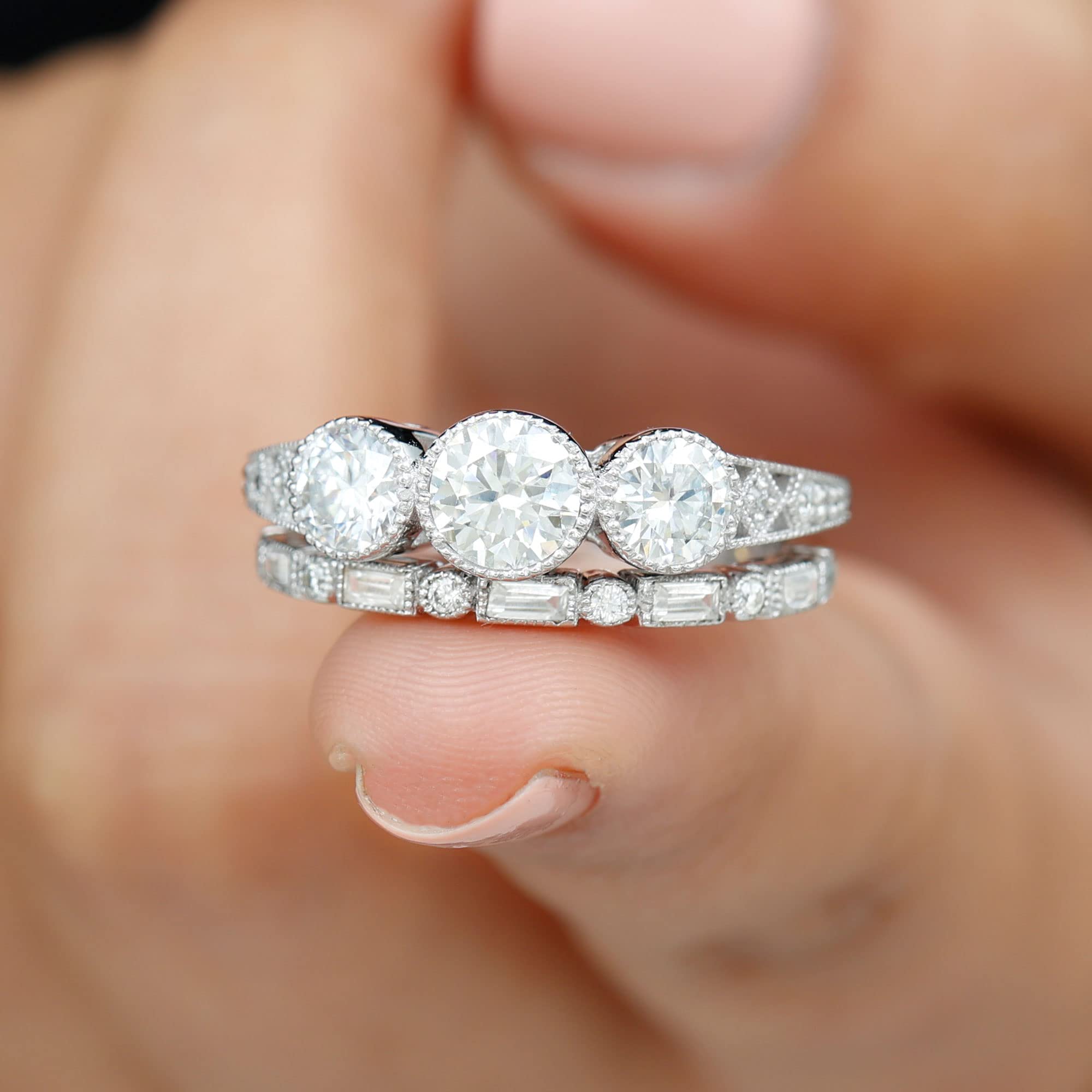 3.25 CT Moissanite Wedding Ring Set, Three Stone Moissanite Ring Set for Women, Gold Moissanite Bridal Ring Set, Certified Moissanite Ring Set, 14K White Gold, Size:US 9.00