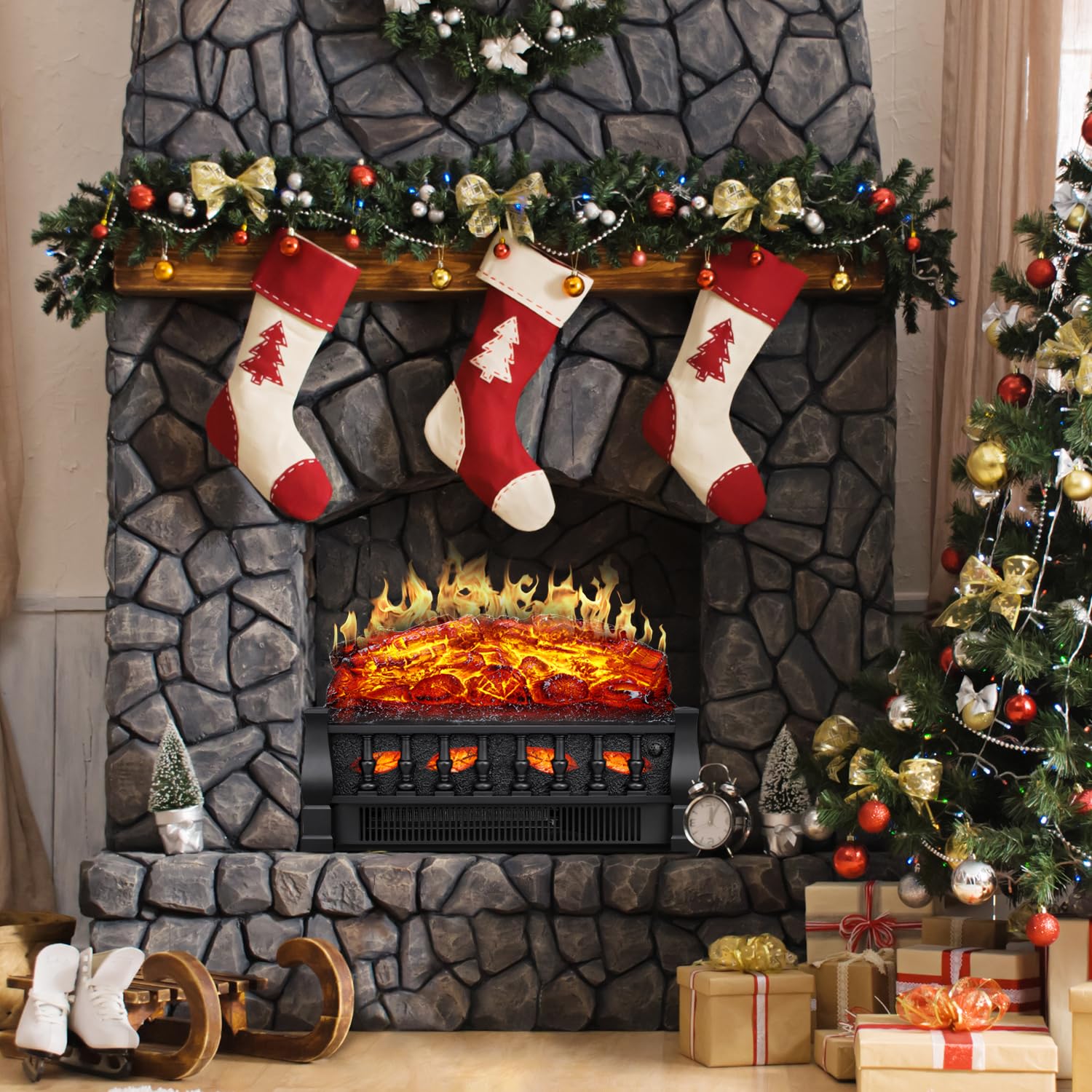 20" Electric Fireplace Heater with Realistic Flame Remote Control for Indoor Use, 750W/1500W Power Smoldering Logs, Black