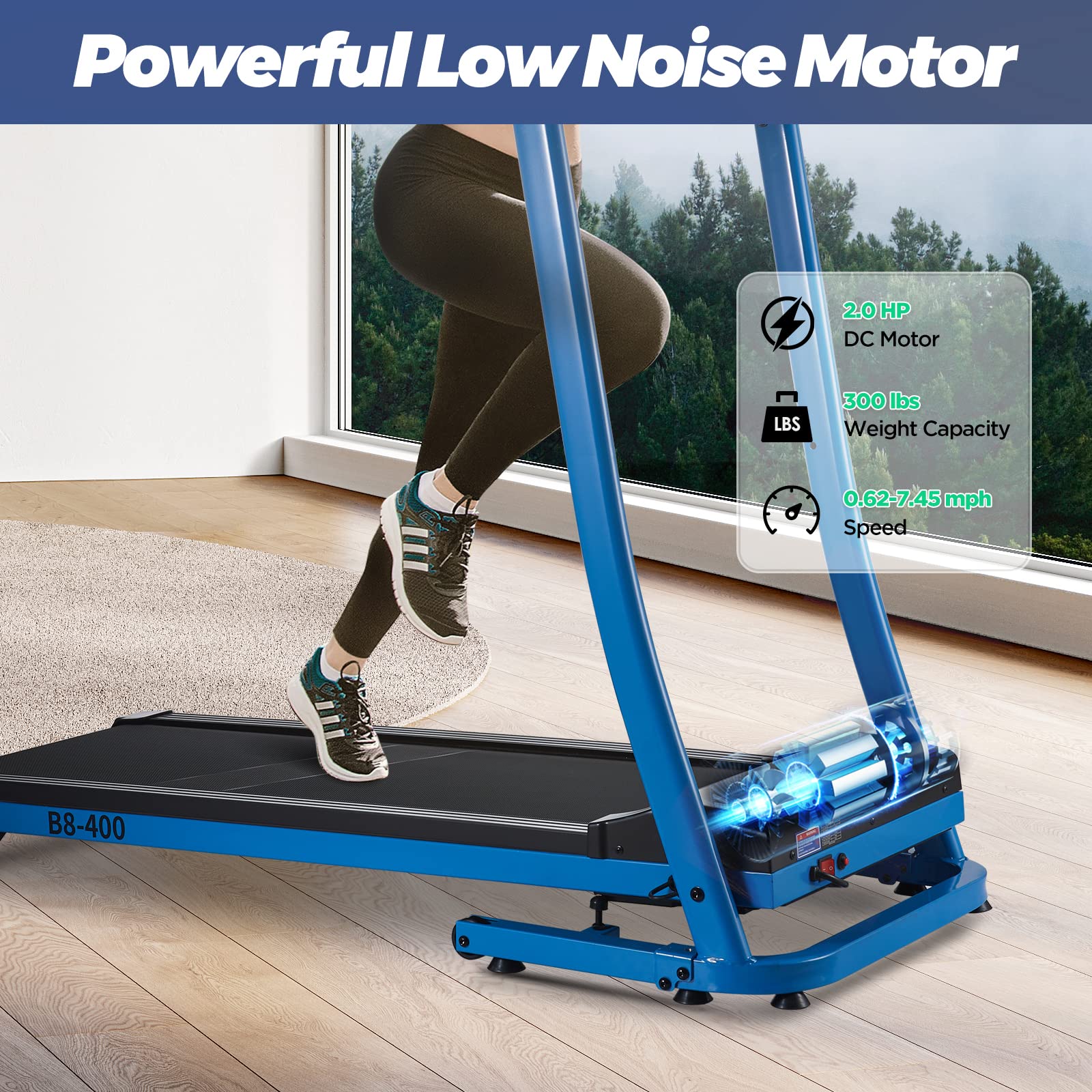 2.5HP Folding Treadmill 3-Speed manually Adjustable Incline Treadmill LED Display can be Connected to Bluetooth Speakers Maximum Adjustable Speed 12 km Weight More Than 300 pounds Blue